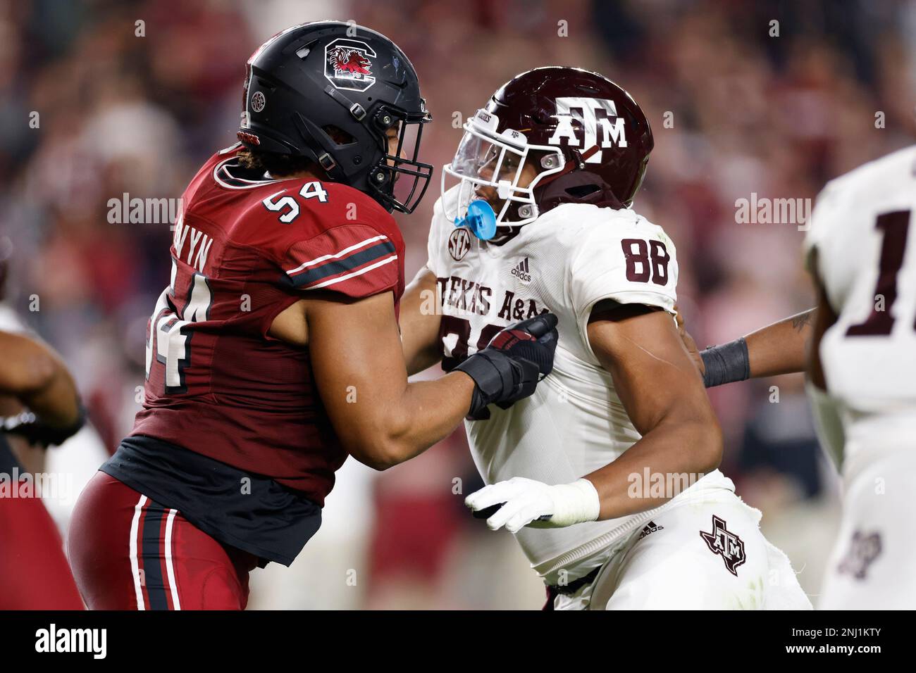 COLUMBIA, SC - OCTOBER 22: South Carolina Gamecocks offensive lineman Jovaughn Gwyn (54) blocks ...