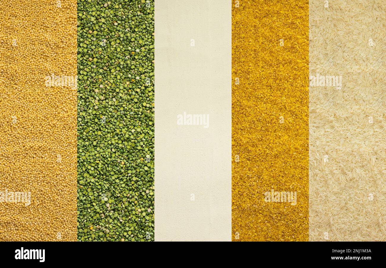 Various grain cereals banner, top view, couscous and green peas ...