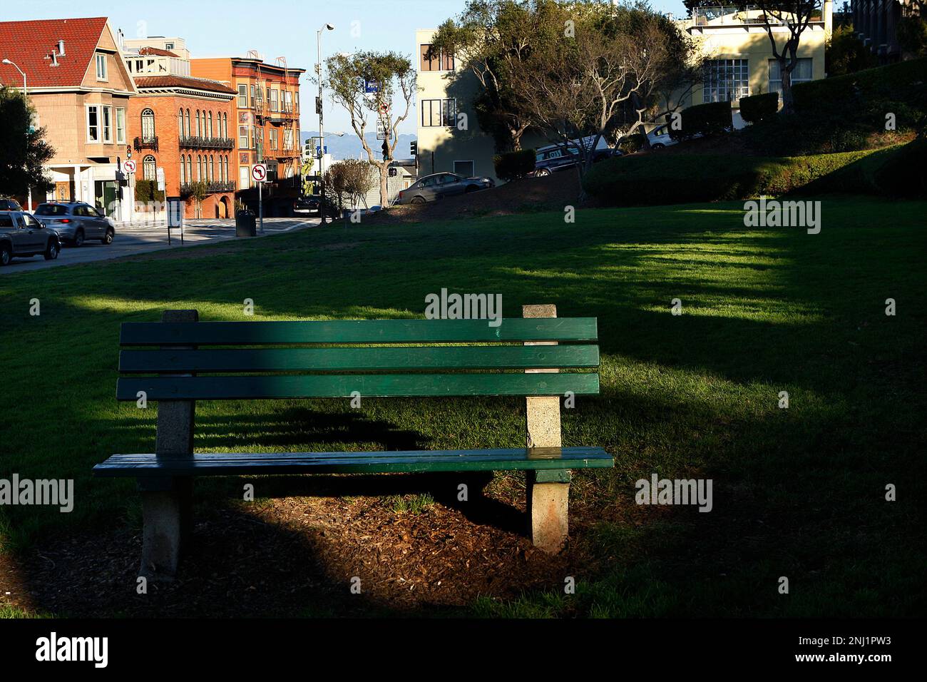 A bench seen in the park on Bay at Hyde streets in San Francisco, Calif ...