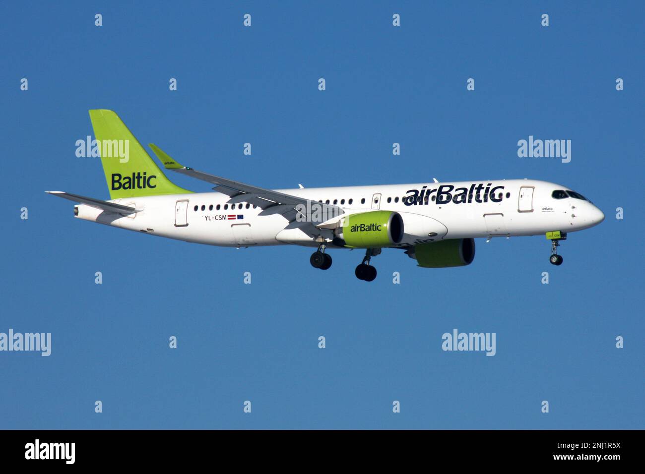 An Airbus A220-300 of Air Baltic approaching London Gatwick Airport ...