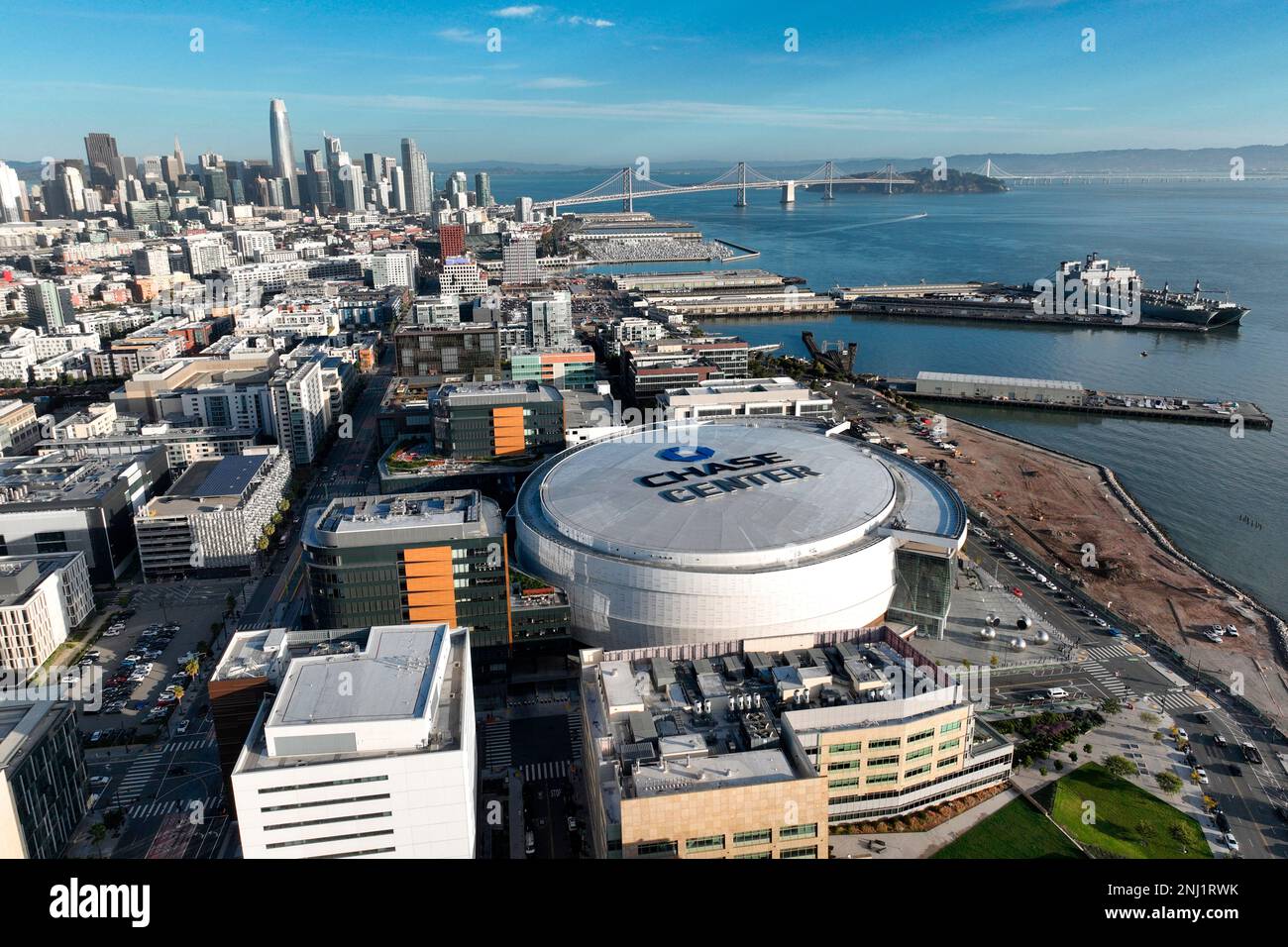 A general overall aerial view of the Chase Center with the Bay Bridge ...