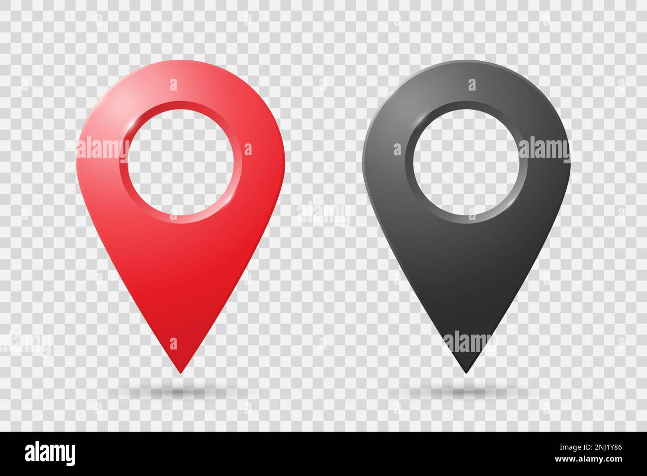 Realistic geolocation icons in red and black on a transparent ...