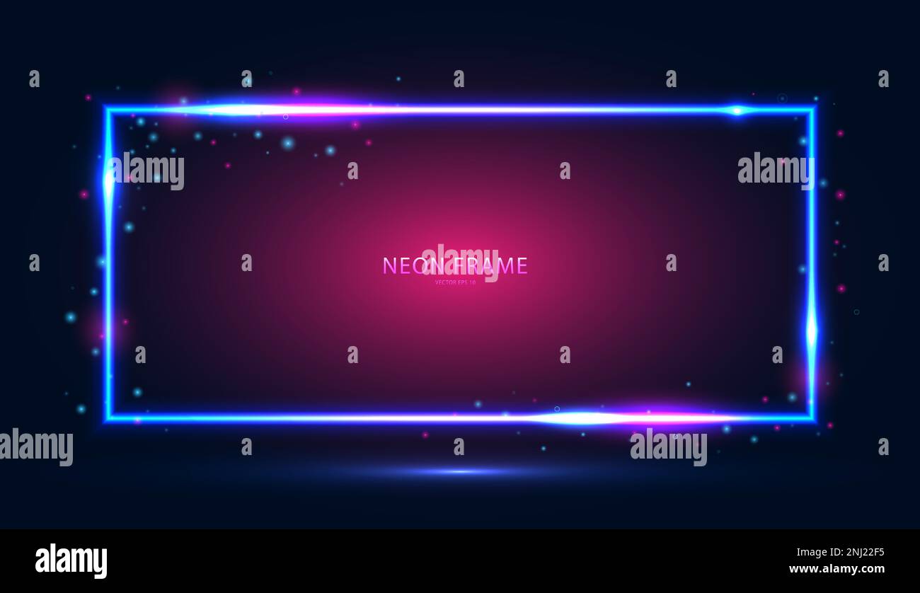 Neon rectangular frame with shining effects and highlights on a dark ...