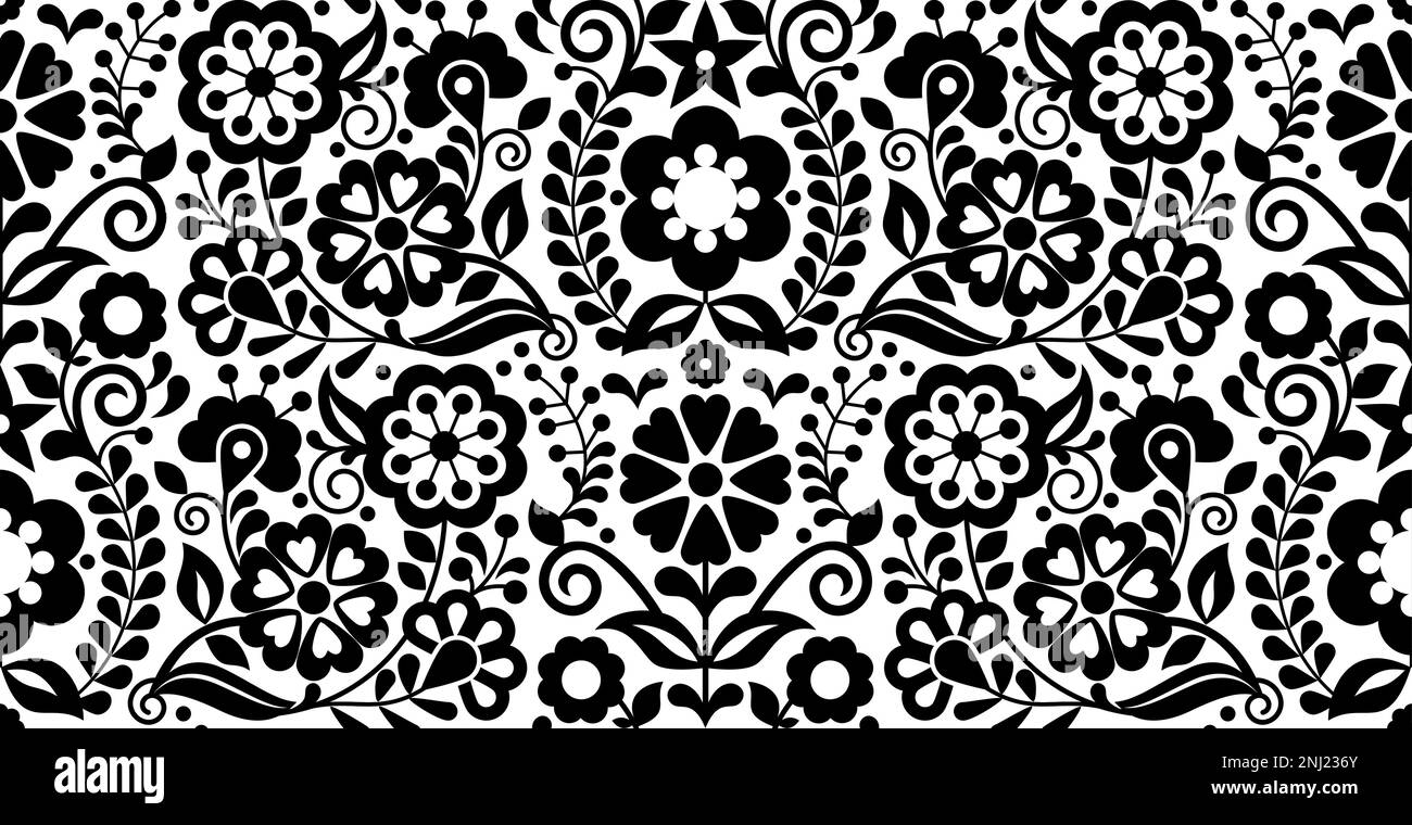 Mexican traditional vector seamless pattern with flowers, leaves and ...