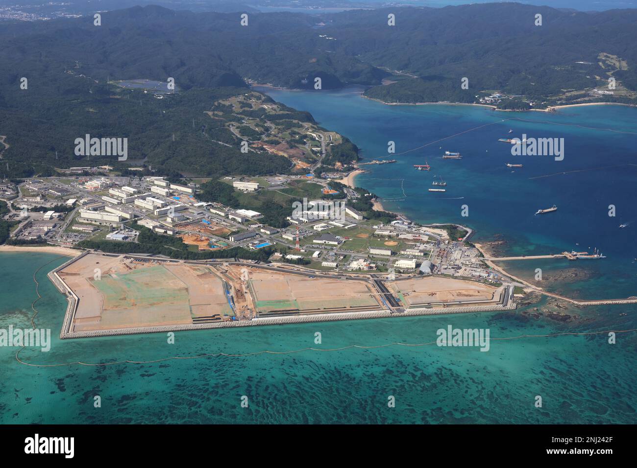 An aerial photo taken from Yomiuri's jetliner shows the Henoko Landfill ...