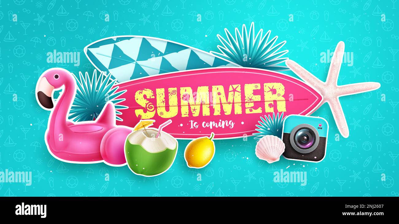 Summer vector background design. Summer is coming text in surfboard ...