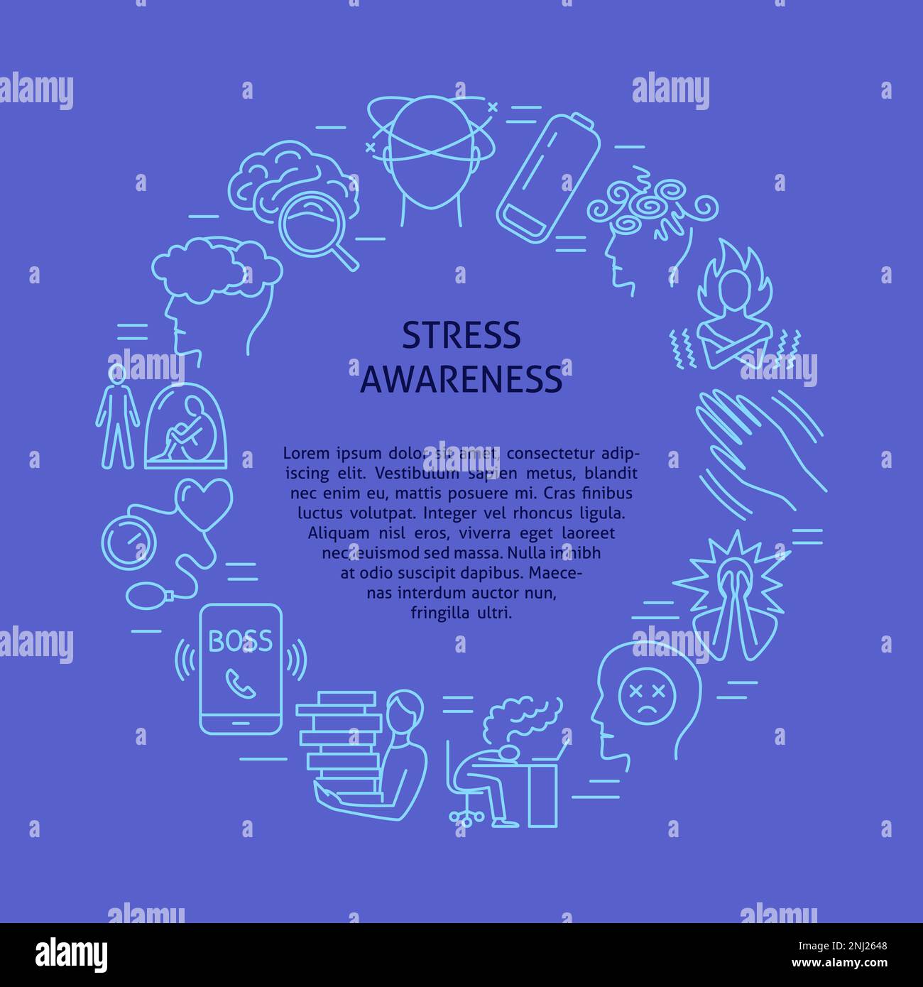 Round banner with stress awareness symbols in line style. Vector ...