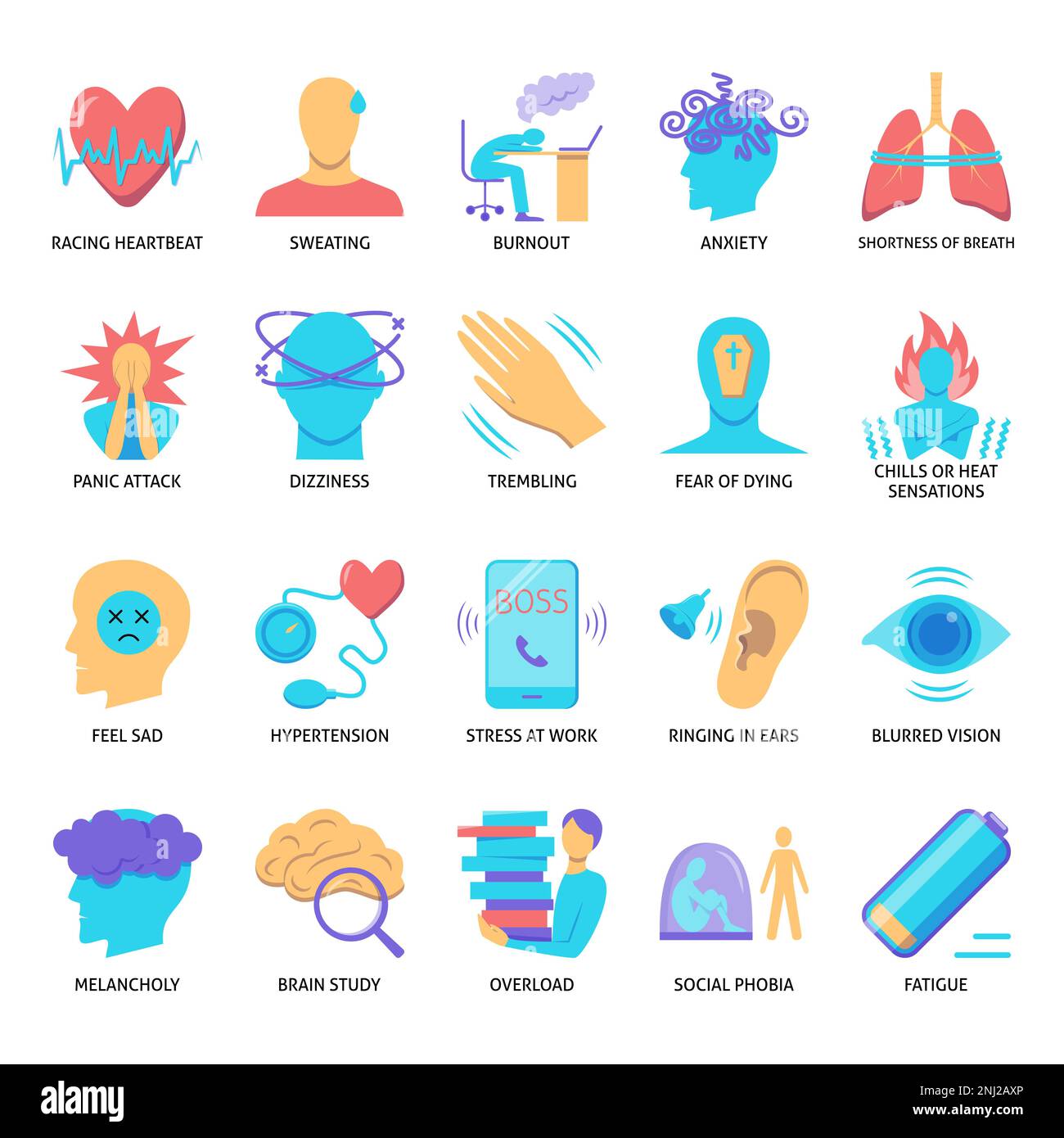 Stress symptoms and causes icon set in flat style. Vector illustration Stock Vector Image & Art ...