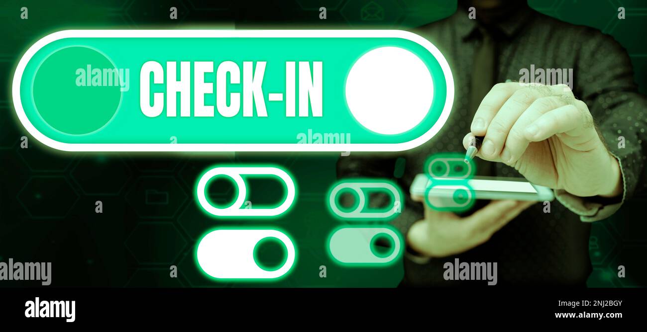 Conceptual caption Check In, Business overview Procedure by which an ...
