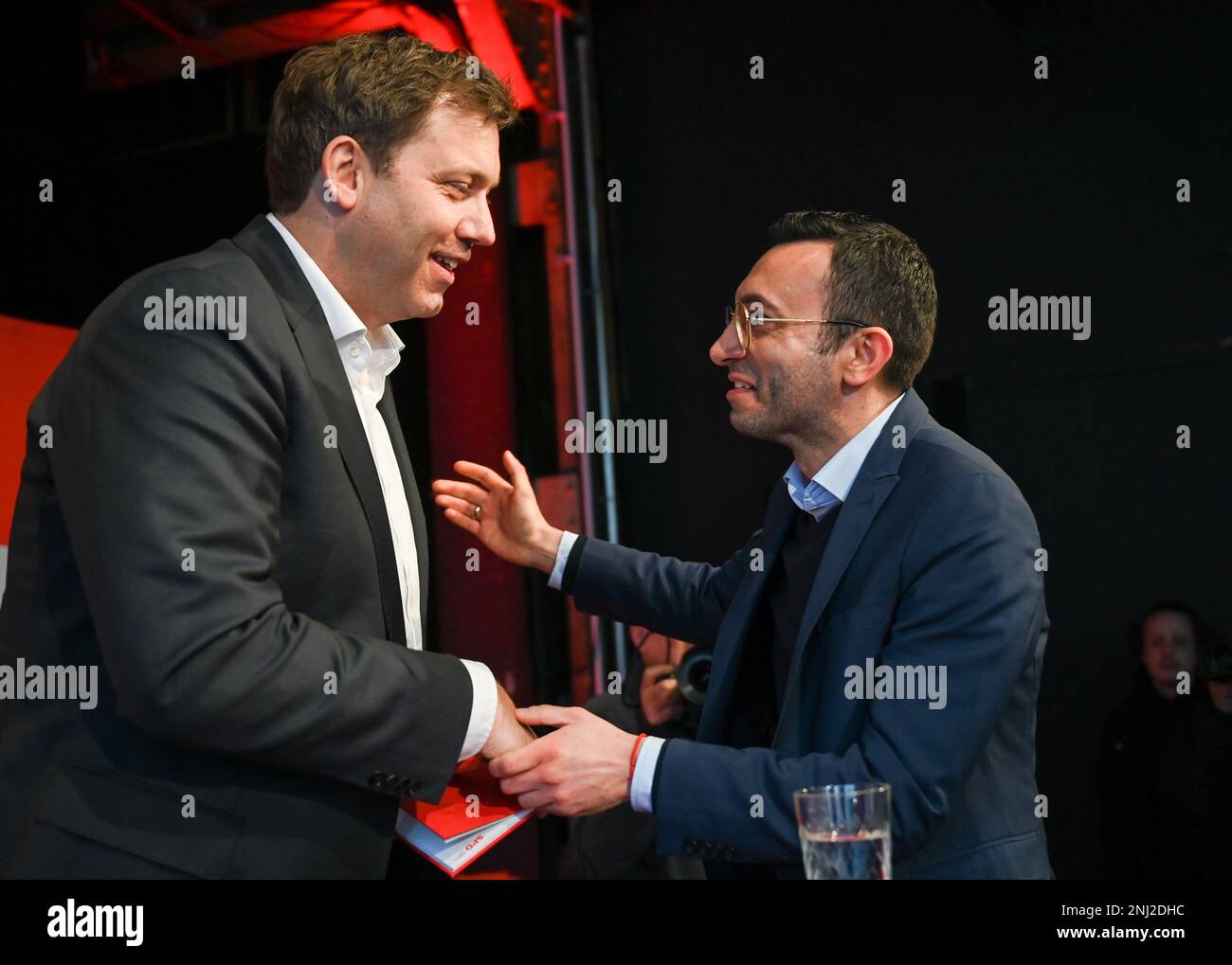 22 February 2023, Hesse, Frankfurt/Main: Lars Klingbeil (l), one of the ...