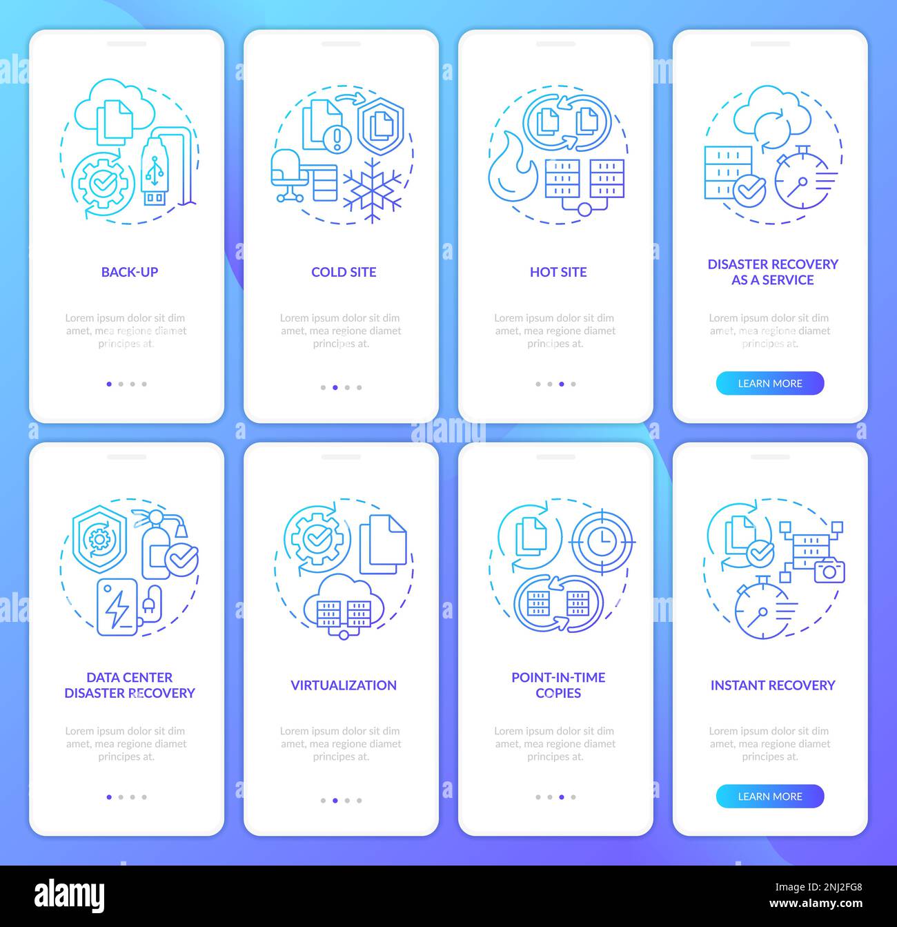Disaster recovery blue gradient onboarding mobile app screens set Stock ... Disaster recovery blue gradient onboarding mobile app screens set Stock ...