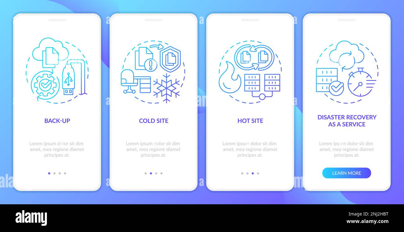 Types of disaster recovery blue gradient onboarding mobile app screen ...