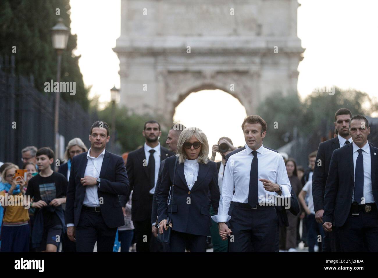 French President Emmanuel Macron, center, and his wife Birgitte visit ...