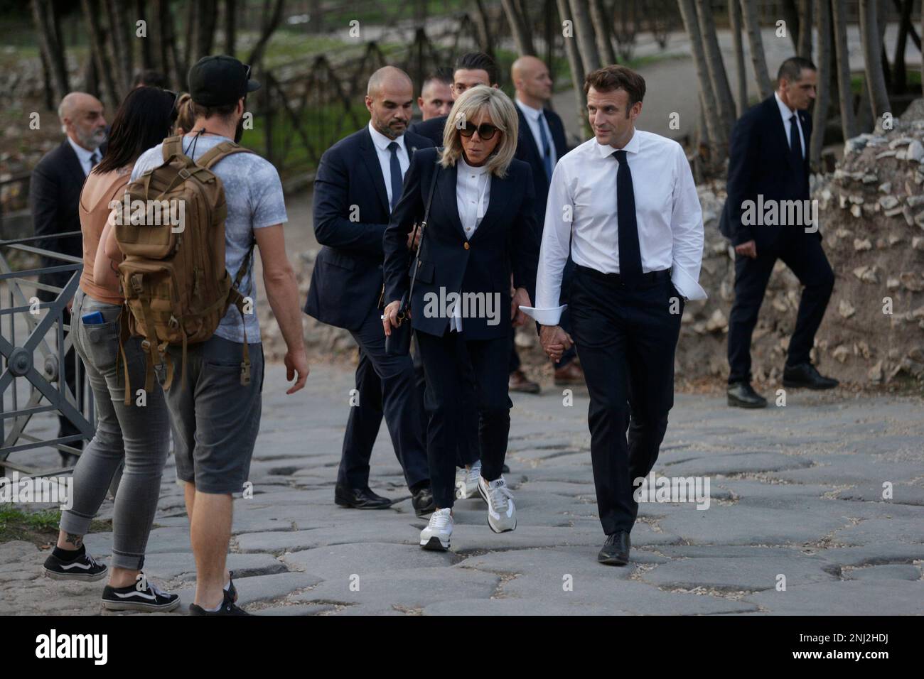 French President Emmanuel Macron, center, and his wife Birgitte visit ...
