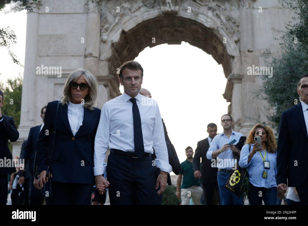 French President Emmanuel Macron, center, and his wife Birgitte visit ...