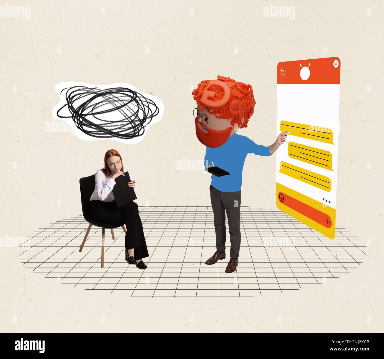 Contemporary art collage. Tangled thoughts. Young woman learning with ...