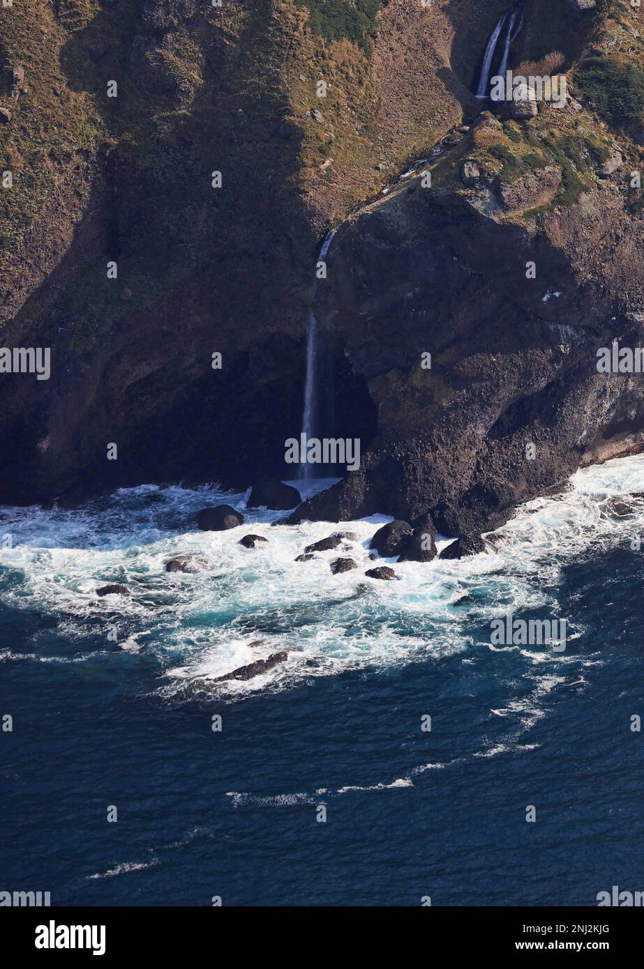 An aerial photo shows Kashuni-no-taki fall at Shiretoko Peninsula in ...