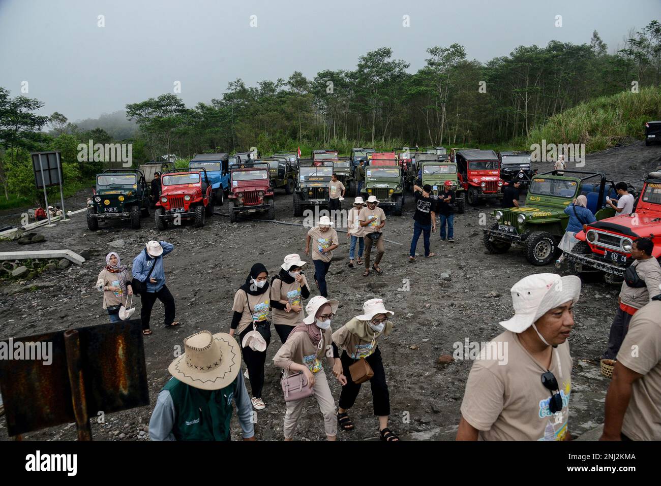 Local tourists during visit at Bunker Kaliadem in the slope of Merapi ...