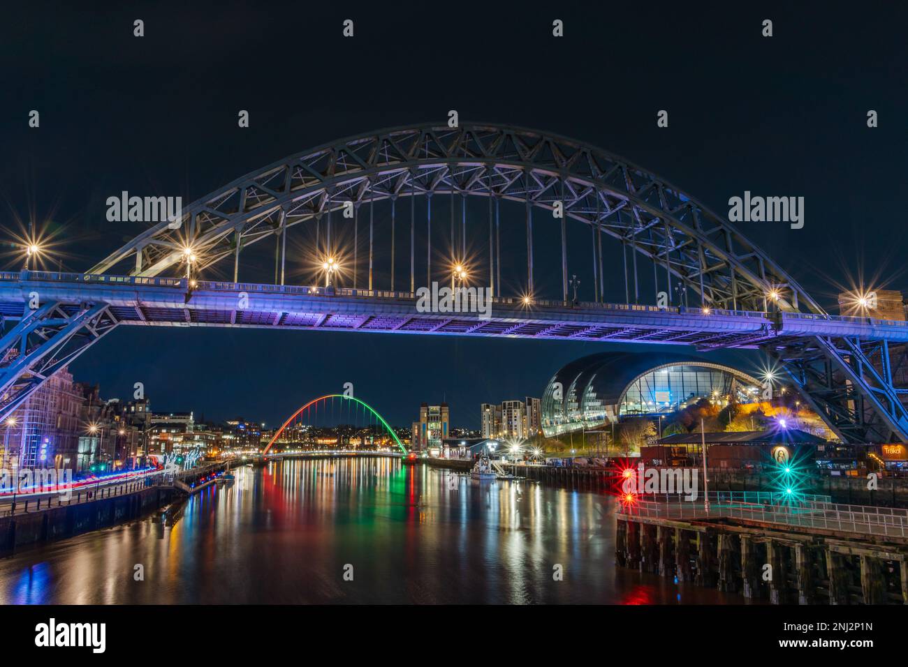 Newcastle upon Tyne, UK at night. showing the Tyne Bridge, The ...
