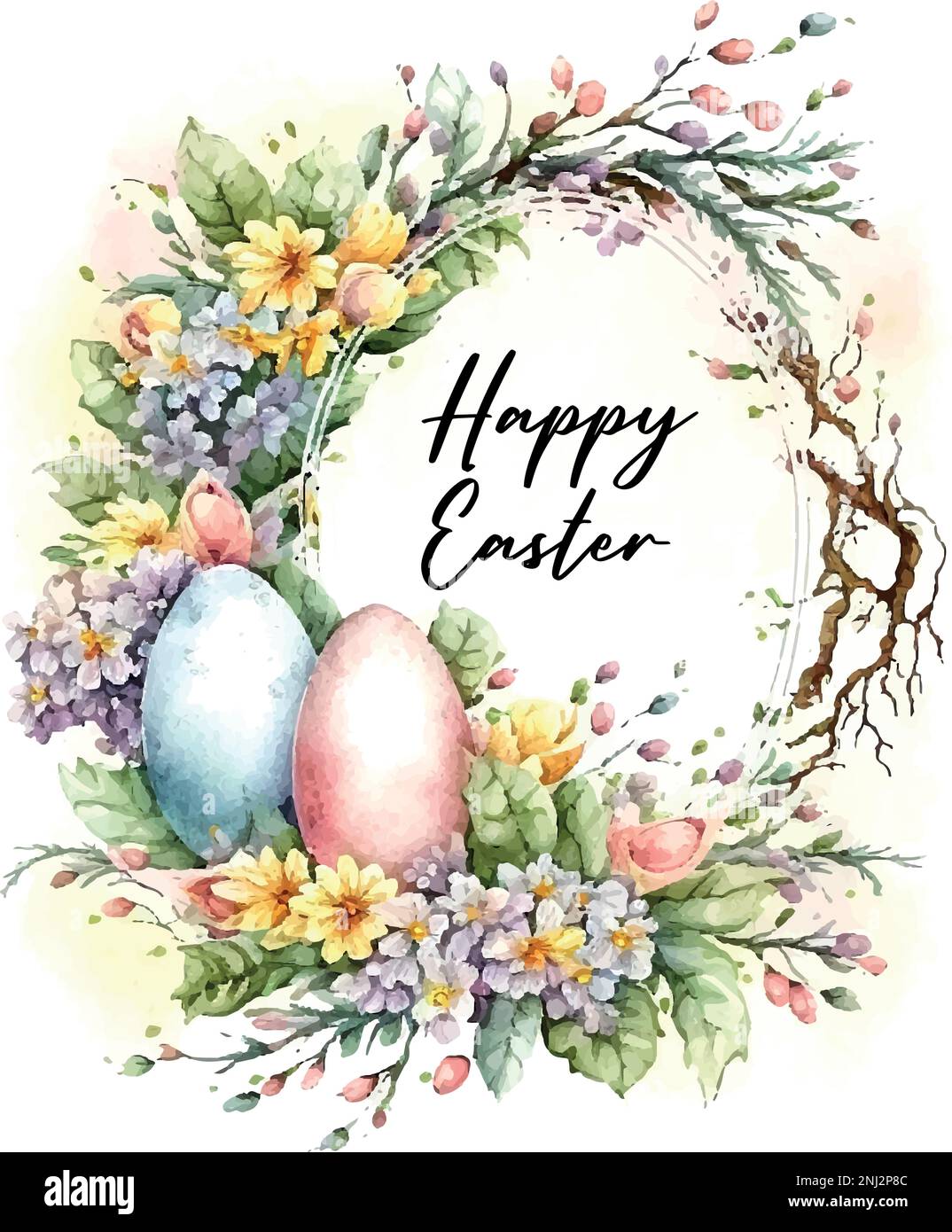 Happy Easter Vector eggs flowers illustration of watercolor cute greeting frame. Pictures and ...