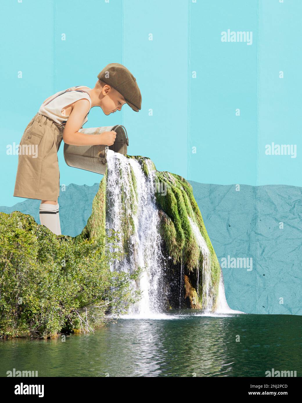 Contemporary art collage. Creative surrealist design with little boy ...