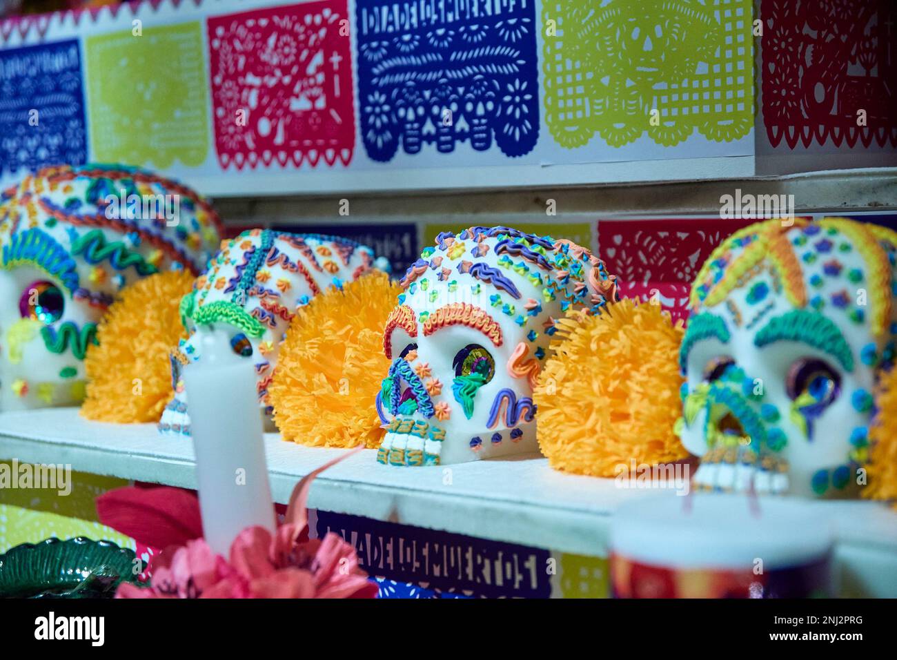 Mexican skulls also called calacas at the Day of the Dead Altar ...