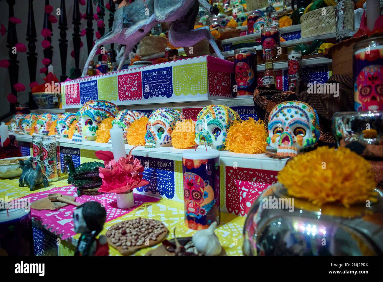 Mexican skulls also called calacas at the Day of the Dead Altar ...