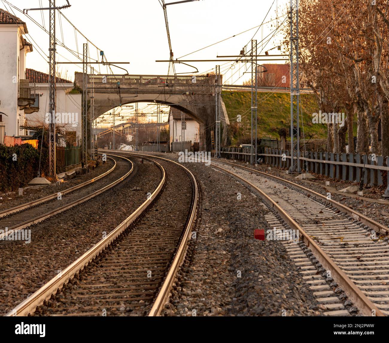 Italian railway of the line between Turin and Savona view of tracks and ...