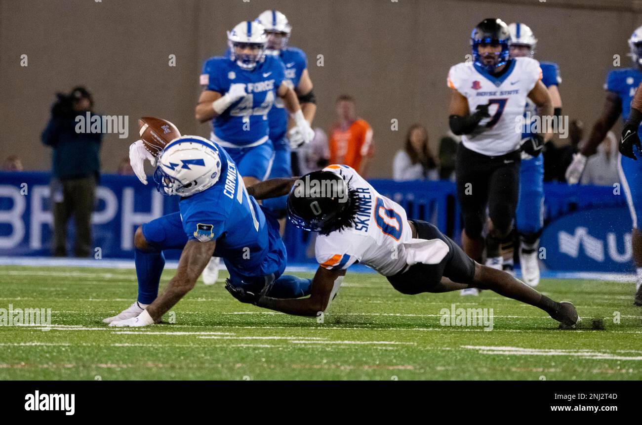 Air Force wide receiver David Cormier (7) fumbles the ball as he is hit by Boise State safety JL ...