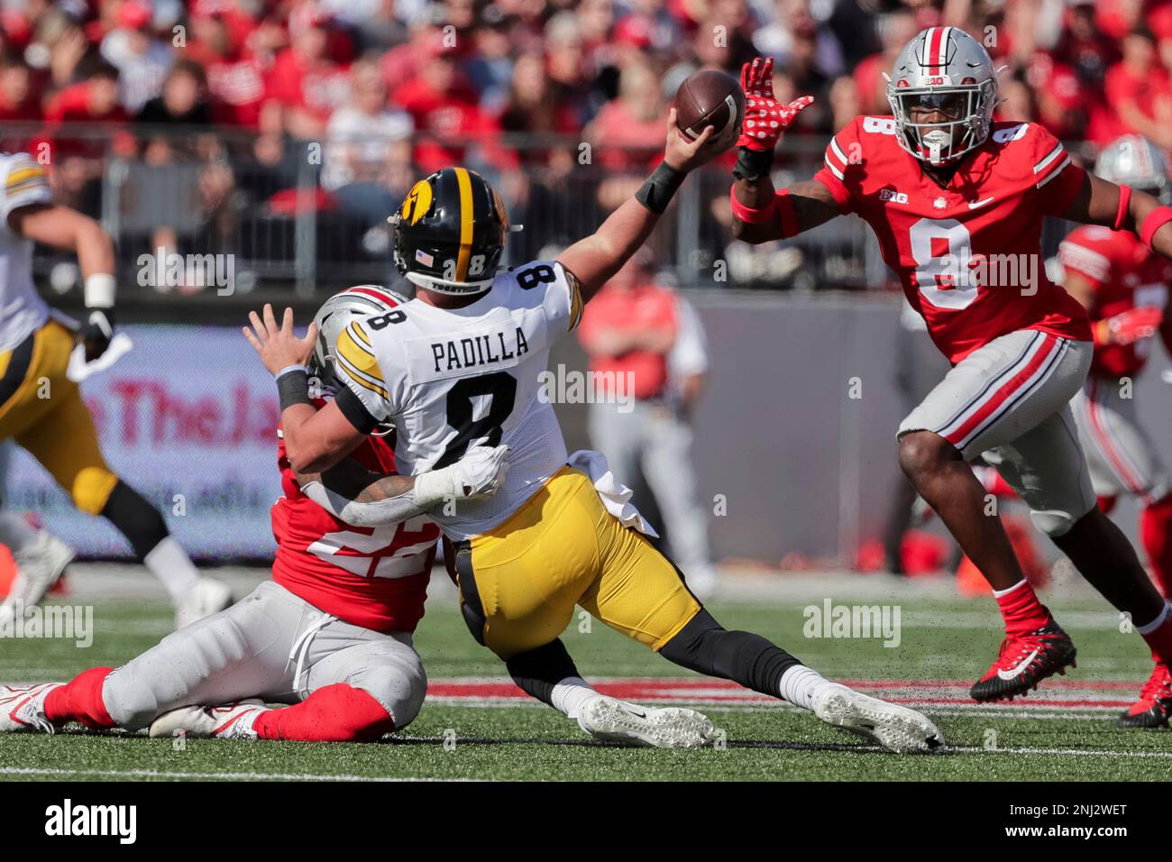 October 22, 2022, Columbus, Ohio, U.S: Iowa Hawkeyes quarterback Alex Padilla (8) unloads a pass ...