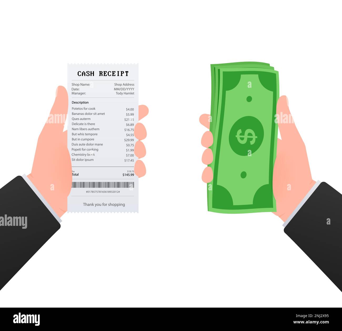 Hand holding receipt and hand holding money. Paying bills Stock Vector ...