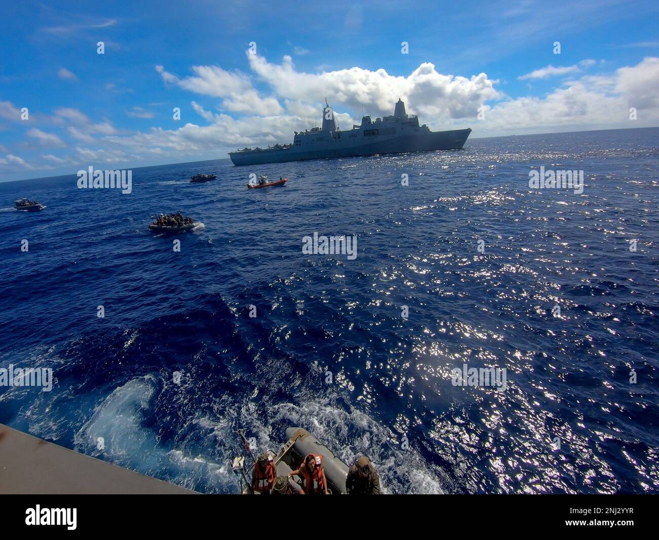 U.S. Marines aboard rigid hull, inflatable boats prepare to deploy onto ...