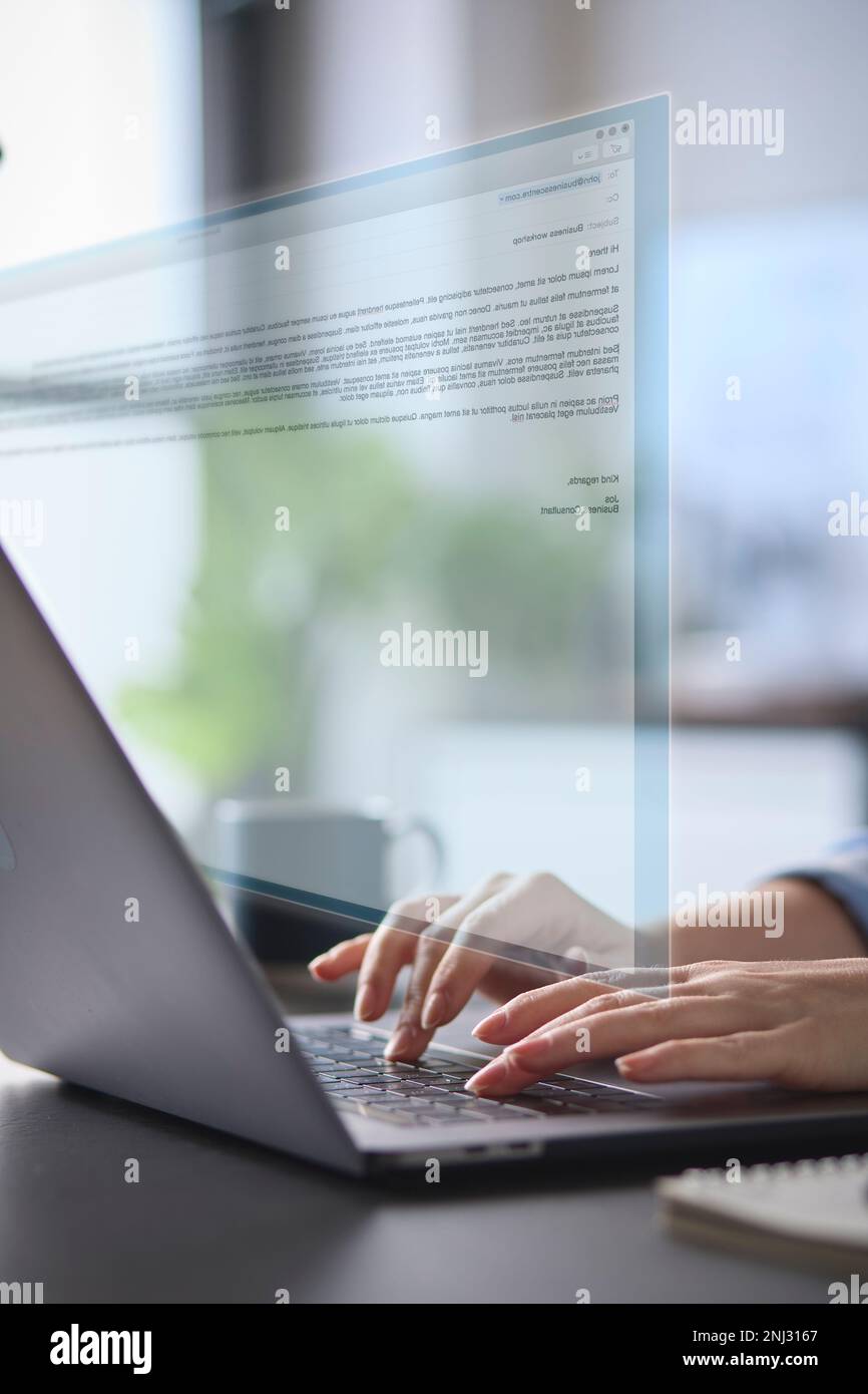 Email Concept With Woman Using Laptop With Graphic Overlay Of Message ...