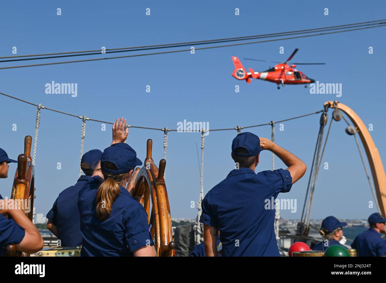 U.S. Coast Guard Academy cadets aboard the USCGC Eagle (WIX-327) watch ...