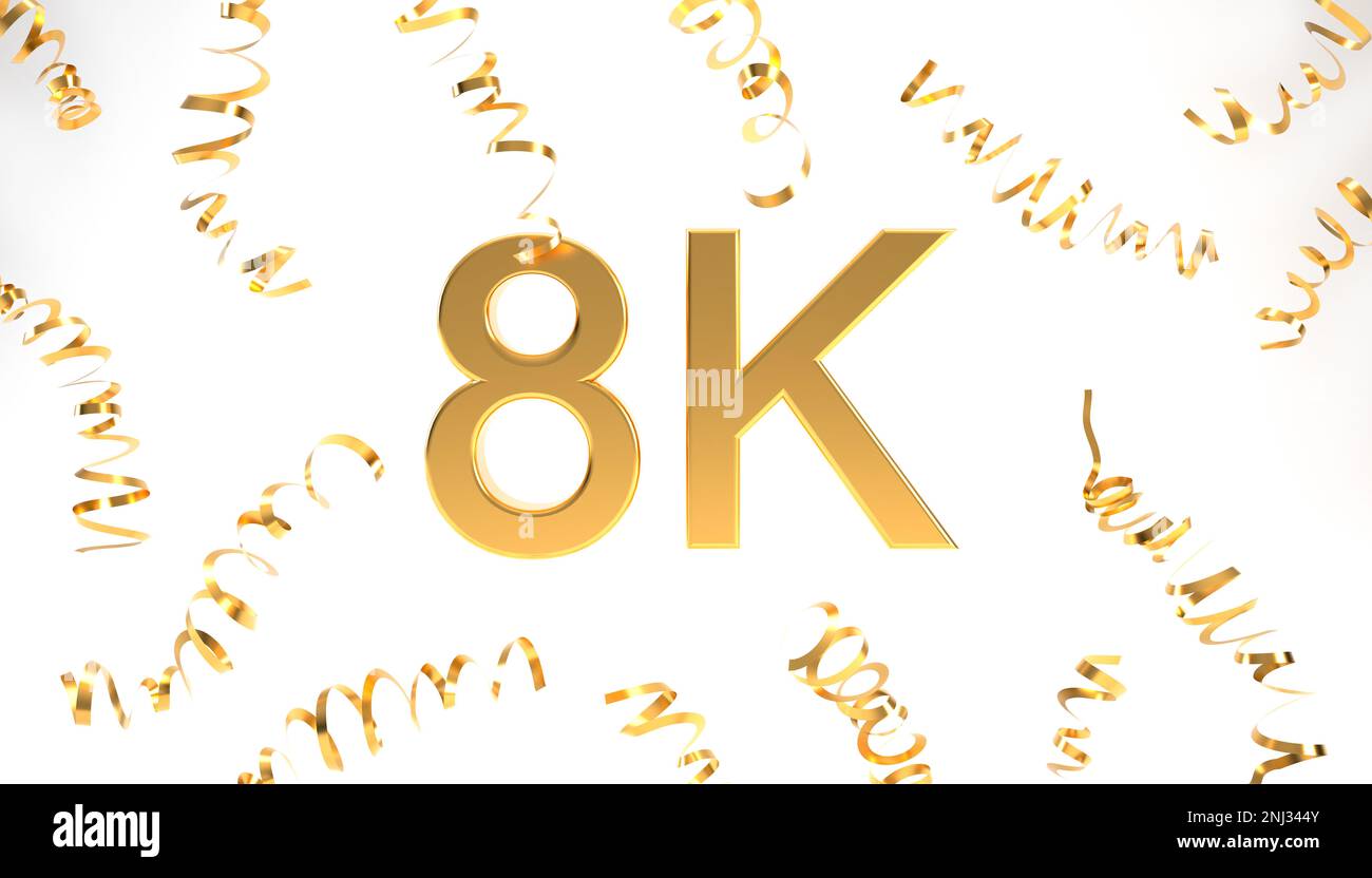 Golden 8k followers symbol with confetti for celebration 3d rendering ...