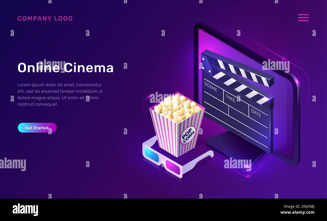 Online cinema or movie, isometric concept vector illustration. Computer ...