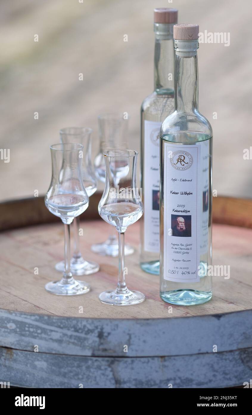Naumburg, Germany. 22nd Feb, 2023. Glasses and bottles of fruit brandy ...