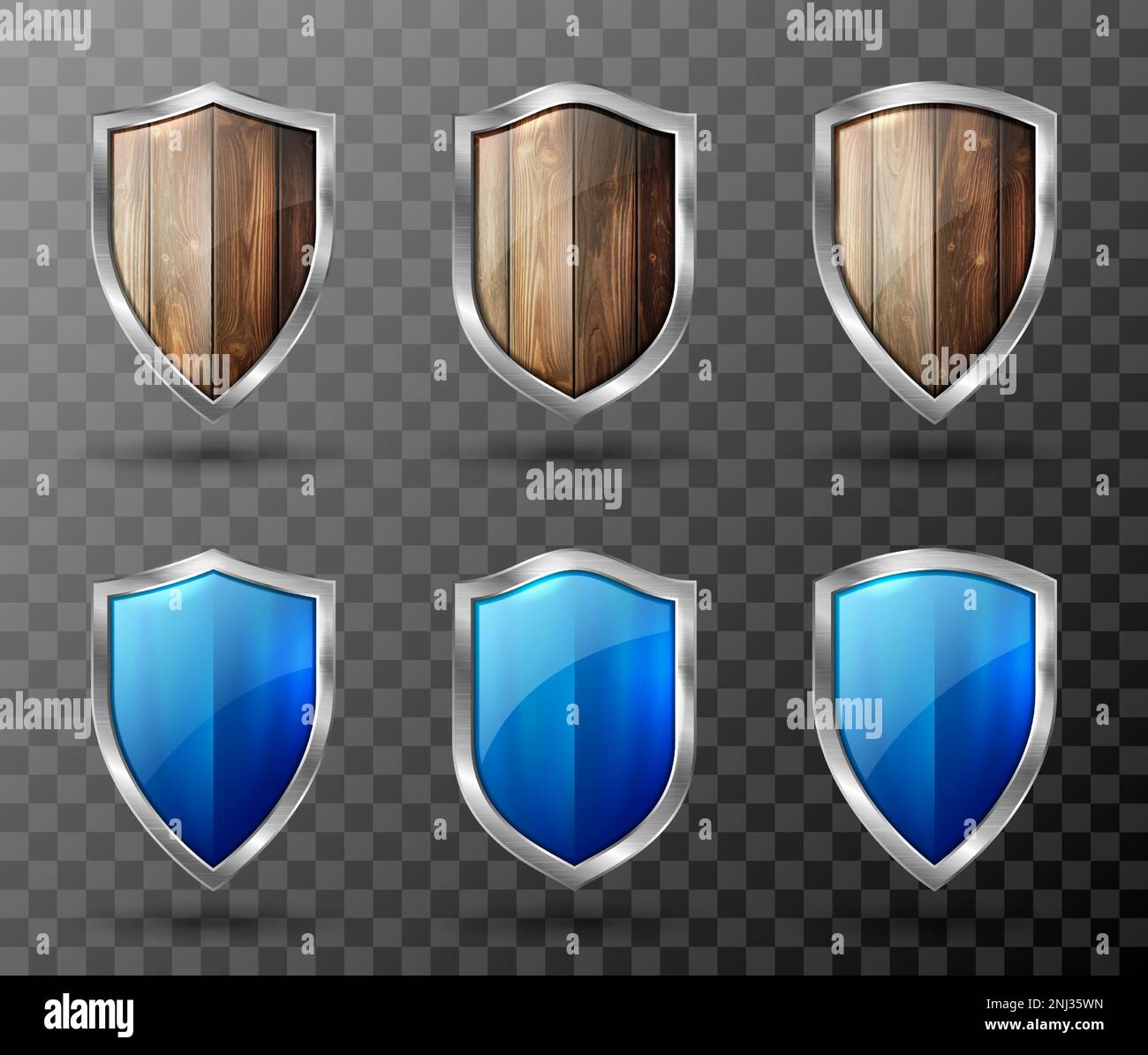 Wooden shield metal frame realistic vector illustration. Blank brown ...