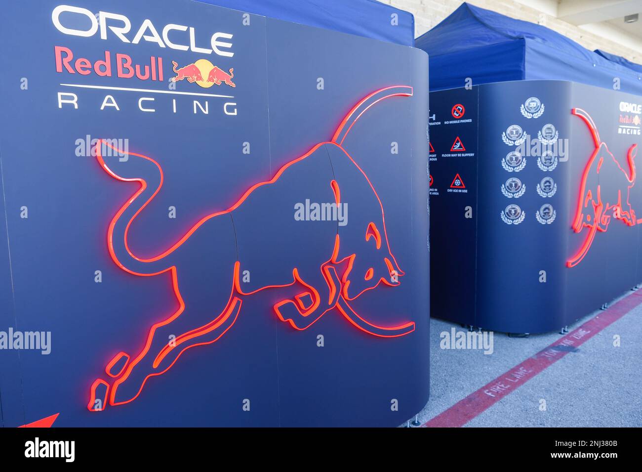 AUSTIN, TX - OCTOBER 20: Oracle Red Bull Racing signage near the garage ...