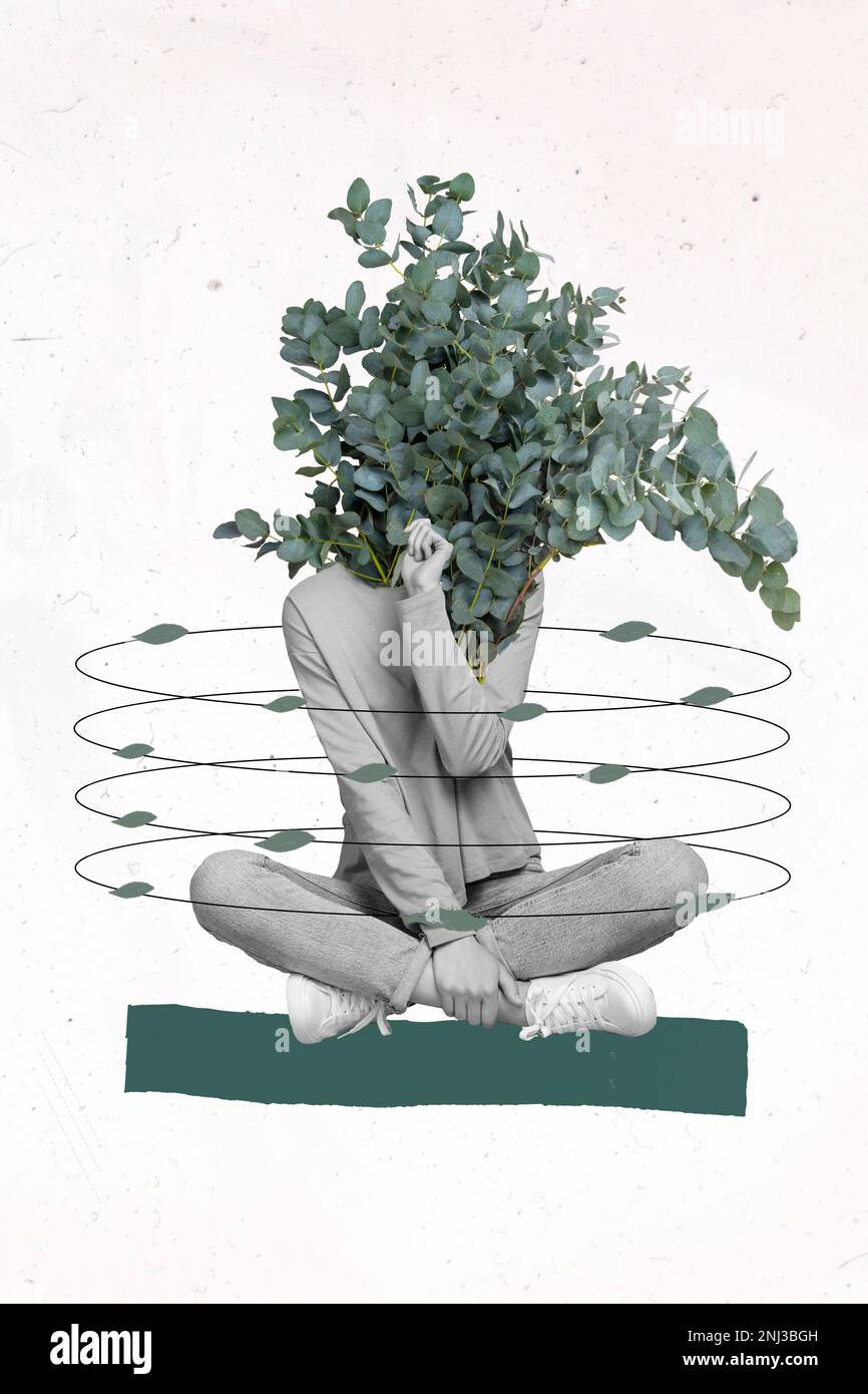 Photo cartoon comics sketch collage picture of shy lady bush cover head isolated drawing ...