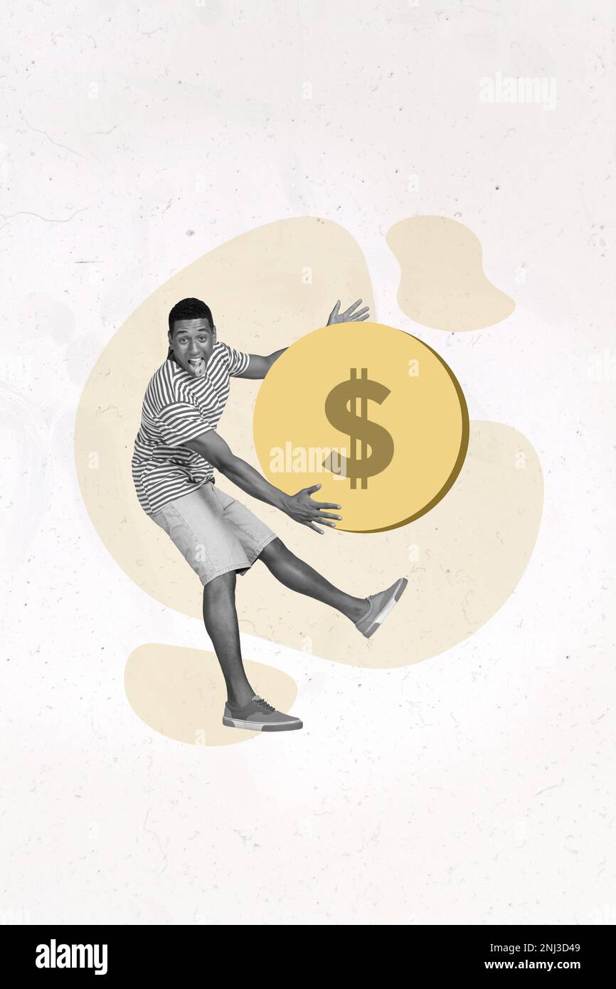 Photo collage artwork minimal picture of funny happy guy holding big ...