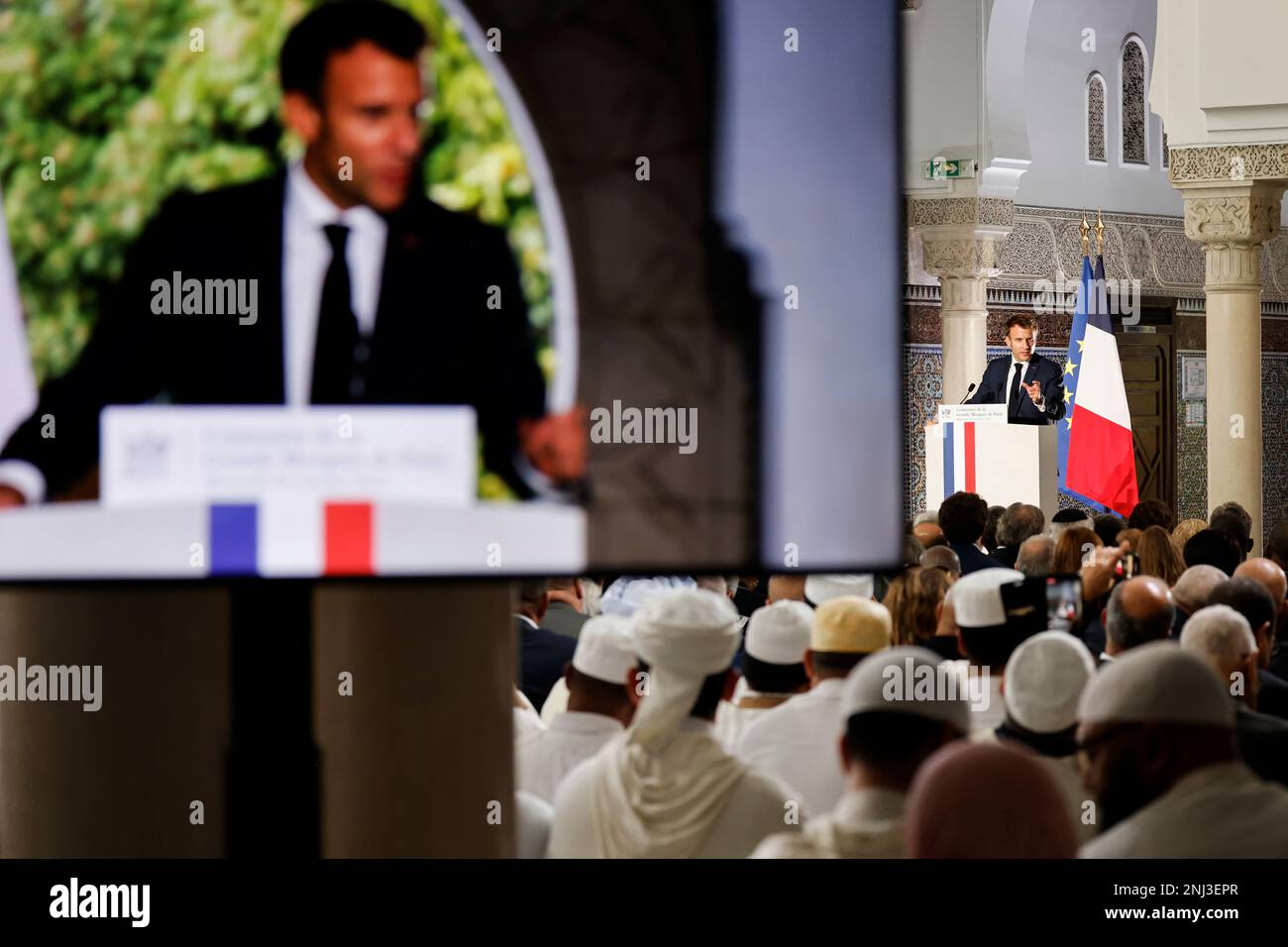 French President Emmanuel Macron delivers a speech during a visit for ...