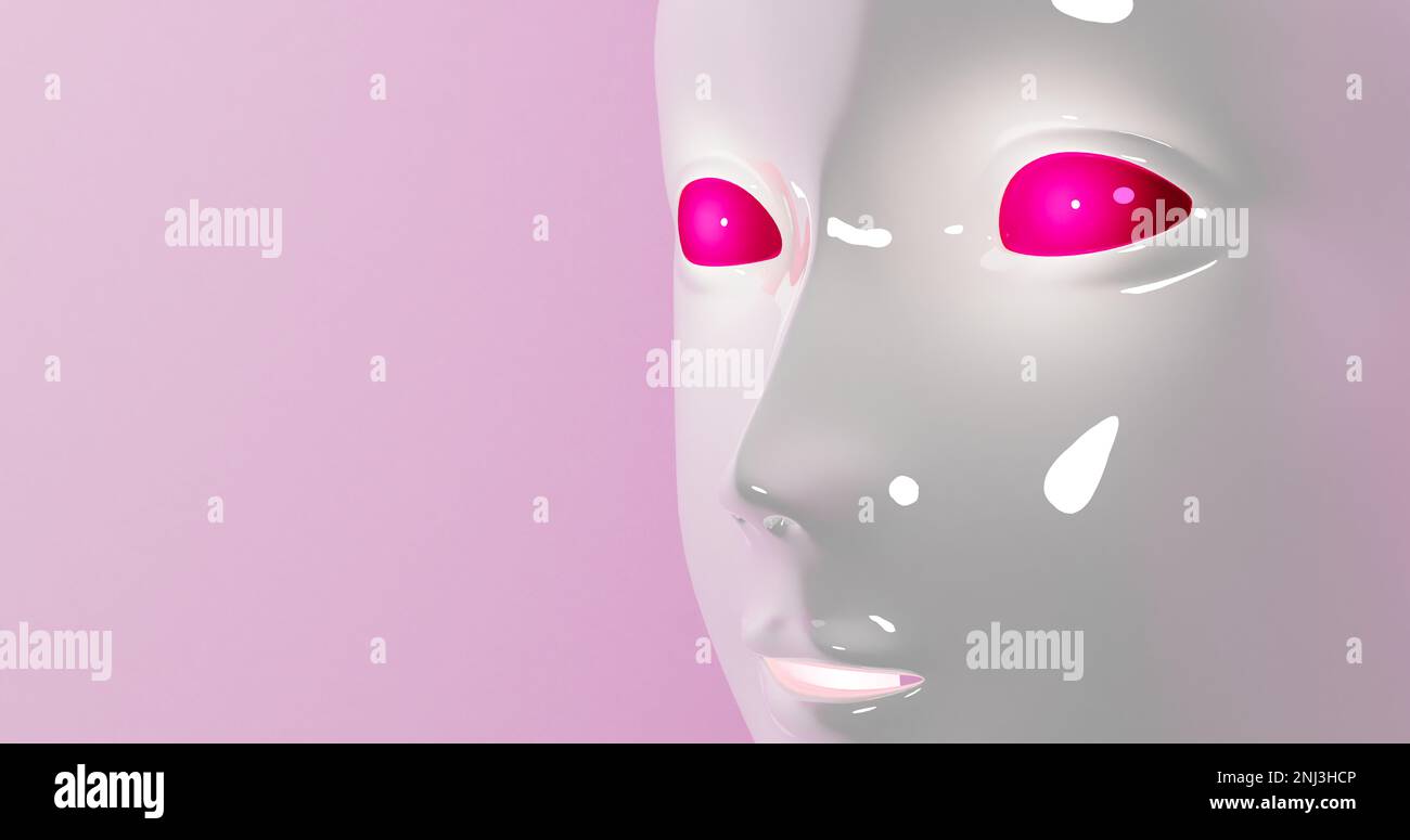 Face of humanoid robot with red eyes made of plastic front view on pink ...
