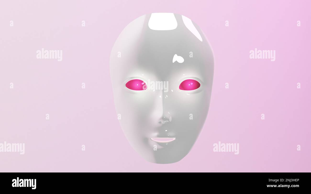 Face of humanoid robot with red eyes made of plastic front view on pink ...