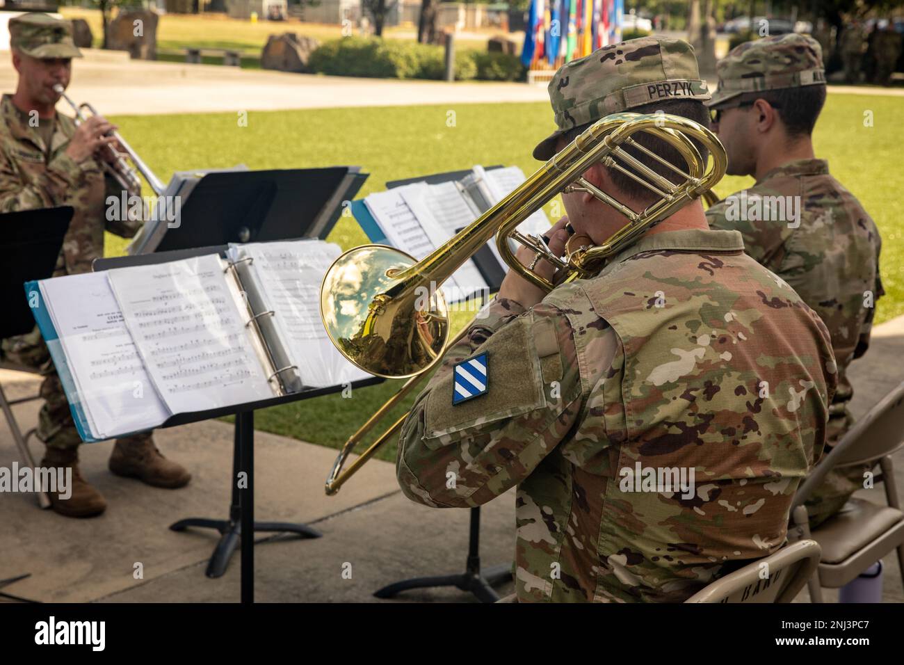 A U.S. Army Soldier assigned to the 3rd Infantry Division Band plays a ...