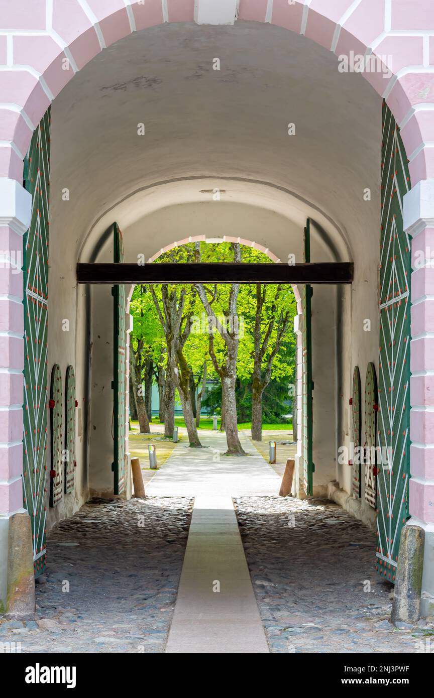 Ancient wooden green door, Tallinn Gate. Only preserved 17th century ...