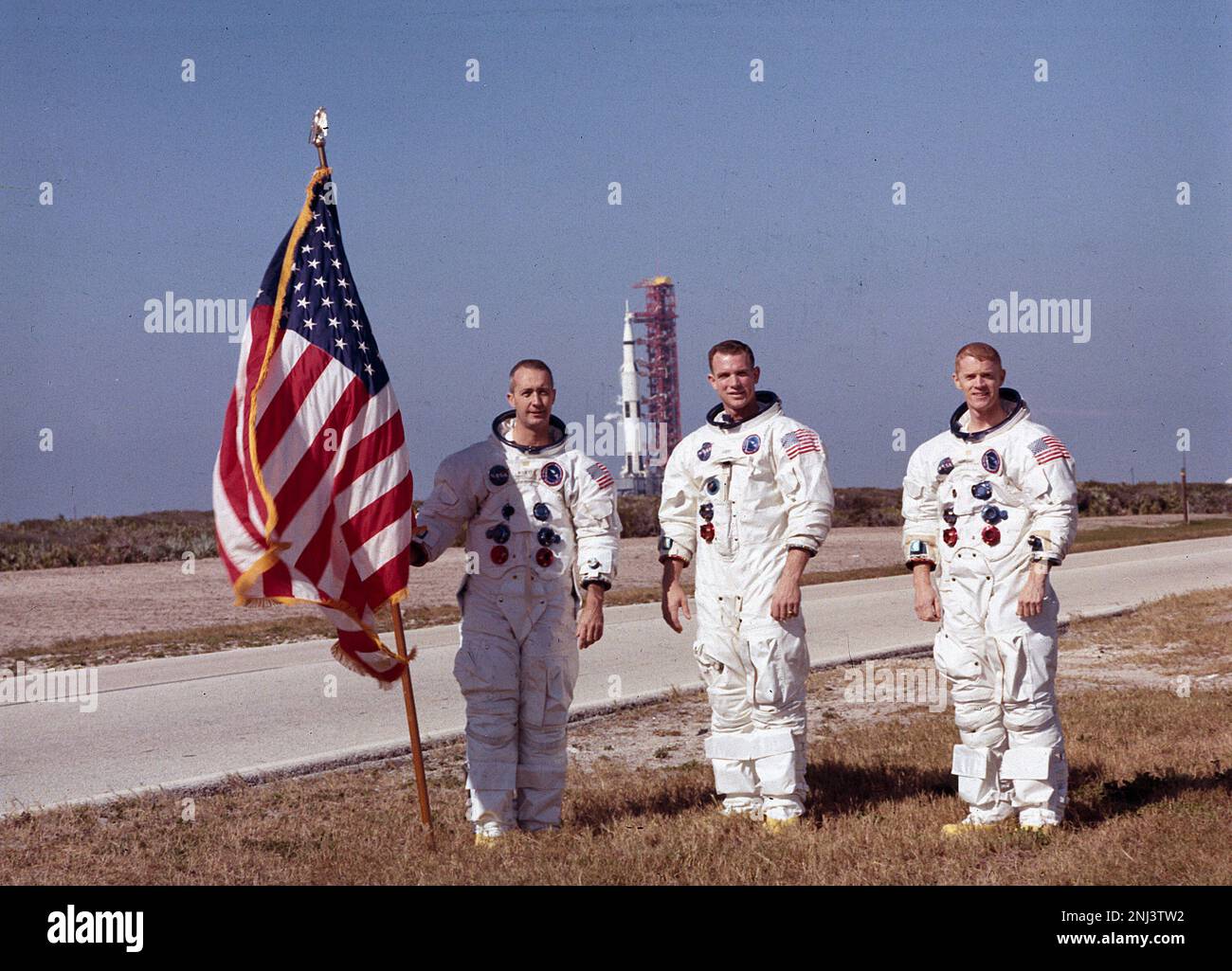 In this undated photo provided by NASA, Apollo 9 astronauts, left to right, James A. McDivitt ...