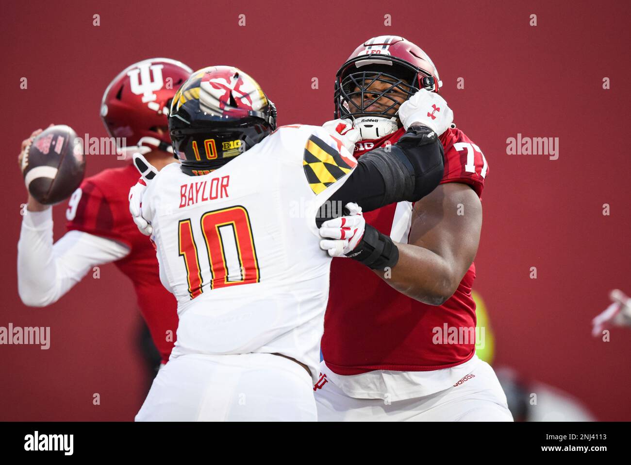 BLOOMINGTON, IN - OCTOBER 15: Indiana OL Joshua Sales Jr. (77) blocks ...