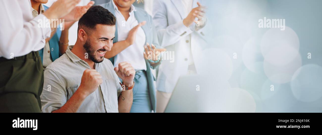 Clapping, laptop and winning people in office success, congratulations ...