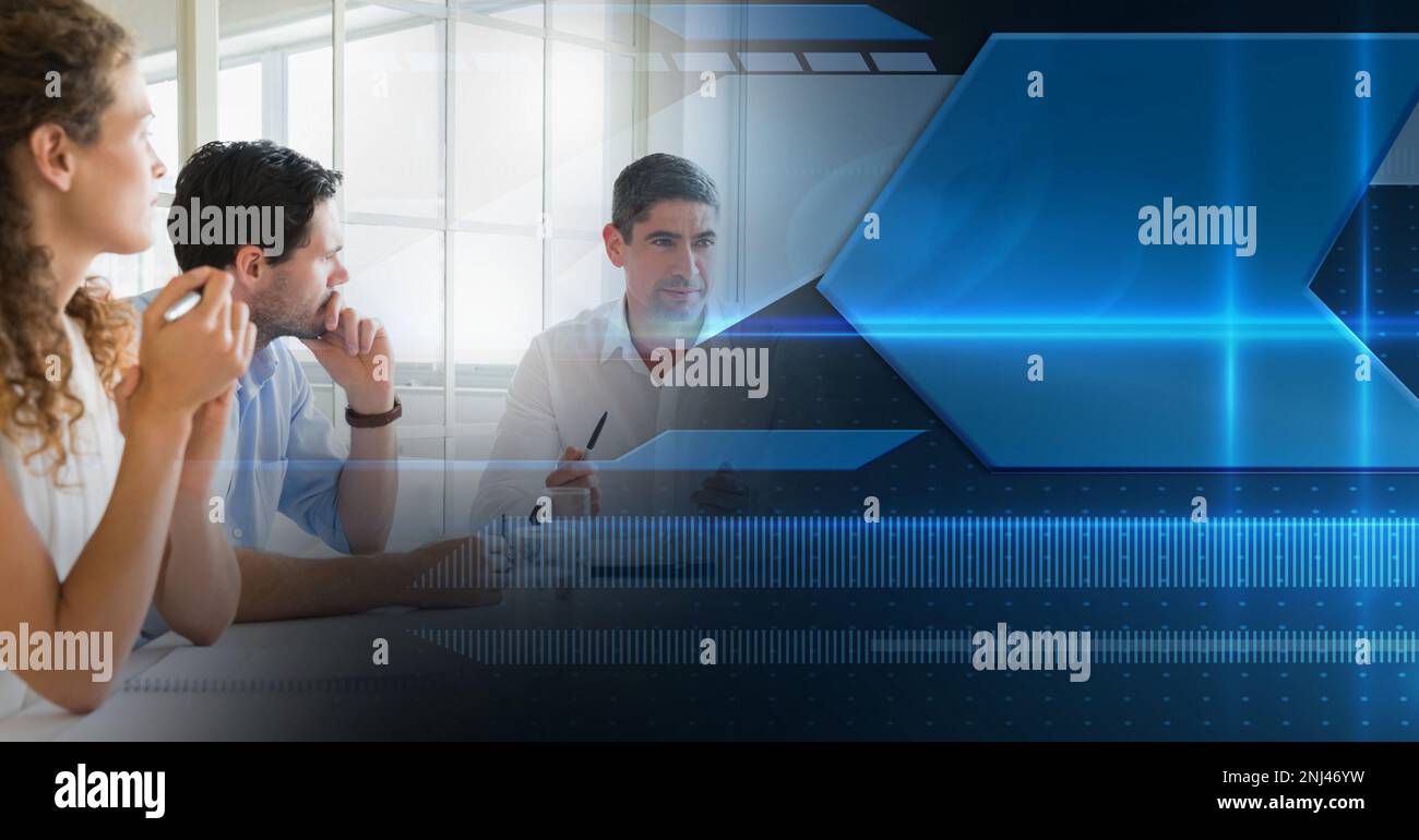 Composition of happy diverse business team in meeting over interface ...